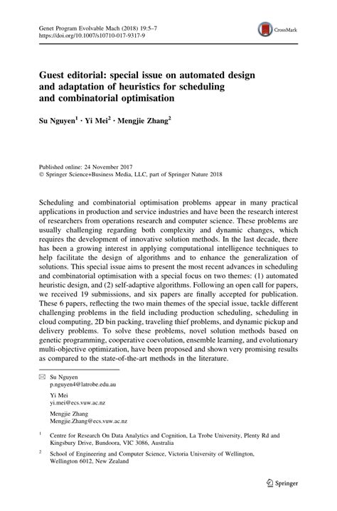 Pdf Guest Editorial Special Issue On Automated Design And Adaptation Of Heuristics For