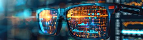 Closeup of modern glasses reflecting digital data and analytics symbolizing technology ...