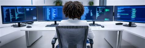 diverse programmer working on multiple screens a black individual
