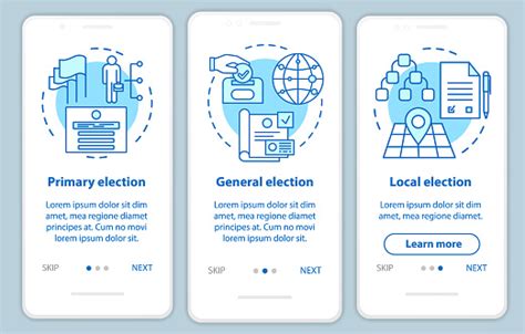 선형 개념의 모바일 앱 페이지 화면에 온보딩하는 선거 지역 일반 정치인 선출 세 가지 연습 단계 그래픽 지침입니다 Ux Ui 그림이 있는 Gui 벡터 템플릿 3에 대한 스톡