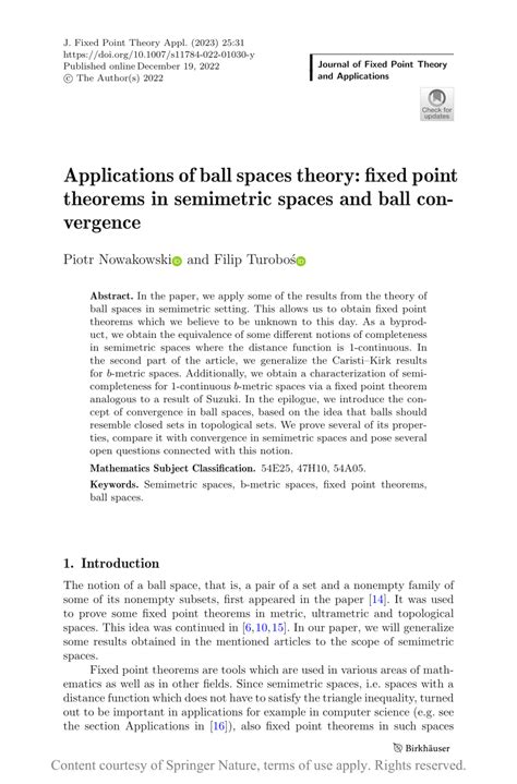 Pdf Applications Of Ball Spaces Theory Fixed Point Theorems In