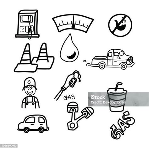 만화 낙서 드로잉 설정 기름 주유소 자동차 에너지 석유 탱크 커피 컵 그리기에 대한 스톡 벡터 아트 및 기타 이미지 그리기 연료 펌프 가득 찬 Istock