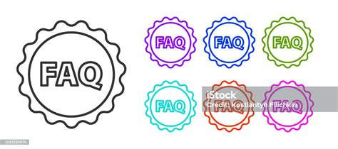 흰색 배경에 격리된 텍스트 Faq 정보 아이콘이 있는 검은색 선 레이블입니다 텍스트 Faq와 원 버튼 다채로운 아이콘을 설정합니다 벡터 일러스트레이션 0명에 대한 스톡 벡터