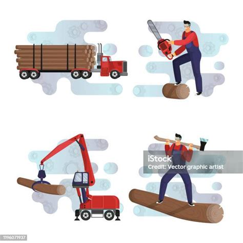 로깅 로딩 및 나무 로그의 운송 로깅 산업을위한 특수 장비 아이콘 세트 사슬톱에 대한 스톡 벡터 아트 및 기타 이미지 사슬톱 목재 건축자재 재목 저장소 Istock
