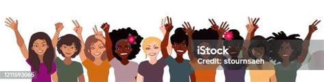 서로 다른 인종의 행복한 미소 여성의 그룹 흰색으로 격리된 플랫 스타일 일러스트레이션입니다 페미니즘 다양성 관용 소녀 파워 개념 개념에 대한 스톡 벡터 아트 및 기타 이미지