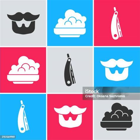 콧수염과 턱수염 면도 젤 폼 및 직선 면도기 아이콘을 설정합니다 벡터 가장자리에 대한 스톡 벡터 아트 및 기타 이미지 가장자리 고풍스런 곧은 Istock
