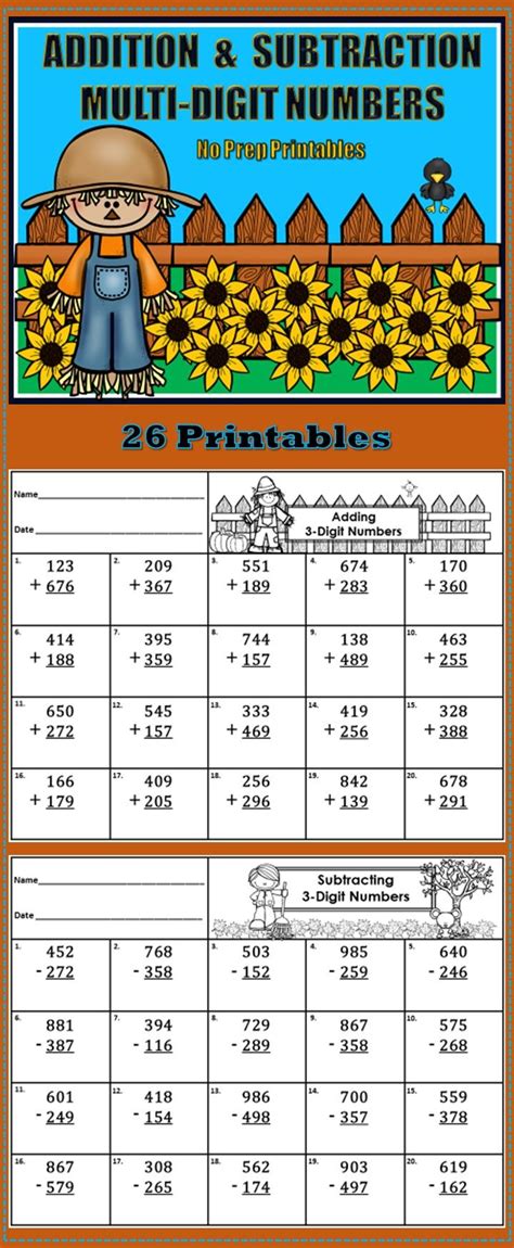 Multi Digit Addition And Subtraction Worksheets 3rd Grade 4th Grade Autumn Addition And