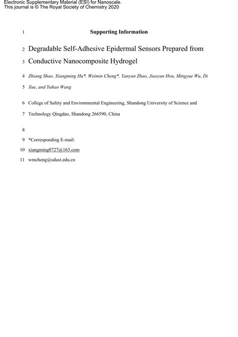 Pdf Degradable Self Adhesive Epidermal Sensors Prepared From Conductive Nanocomposite Hydrogel