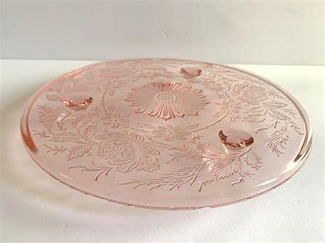 Pink Depression Glass Daisy Flowers 3 Footed Round Cake Stand U S