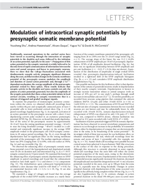 Pdf Modulation Of Intracortical Synaptic Potentials By Presynaptic Somatic Membrane Potential