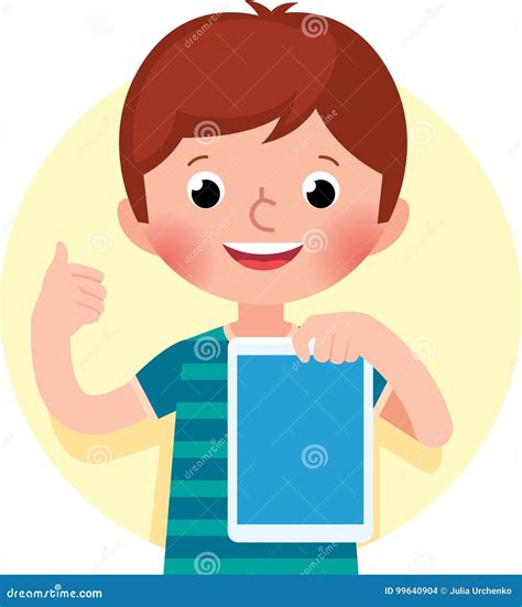 Cheerful Cute Little Boy Holding A Computer Tablet Stock Vector