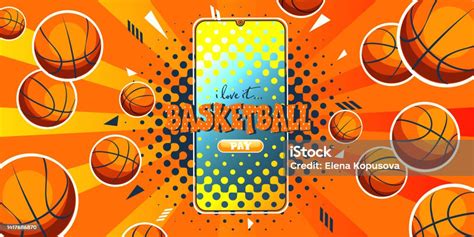 팀 경쟁 스포츠 및 만화 스타일의 승리 개념 농구공과 컬러 추상적 인 배경에 응용 프로그램이있는 휴대 전화 세련된 웹 템플릿 또는 배너 경쟁에 대한 스톡 벡터 아트 및 기타