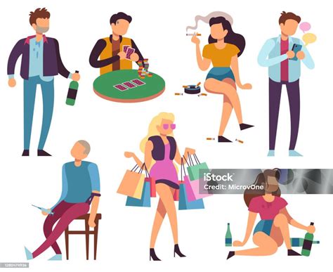 중독된 사람들 나쁜 습관 알코올 중독 마약 중독 흡연 스마트 폰 쇼핑 중독 건강에 해로운 라이프 스타일 벡터 세트 감정에 대한 스톡 벡터 아트 및 기타 이미지 Istock