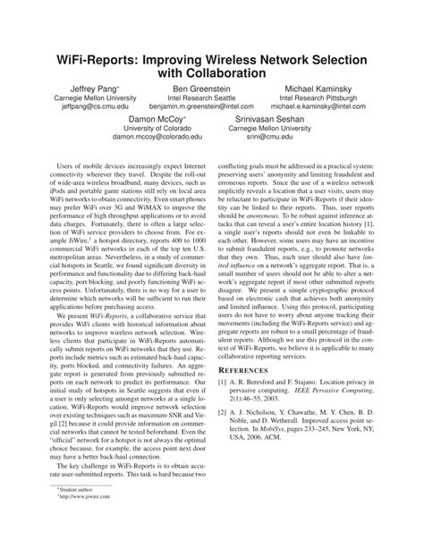 Pdf Wifi Reports Improving Wireless Network Selection With Collaboration