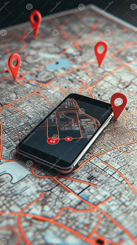 Smartphone Showing Online Map With Red Gps Markers On Paper Map Stock