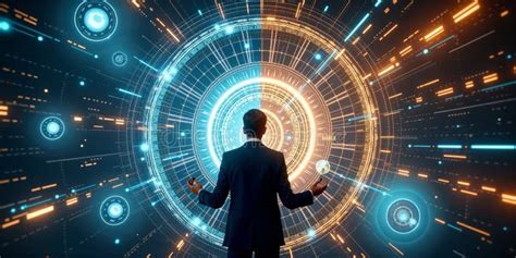 Businessman Looking At Futuristic Digital Circle Interface Technology Concept Stock