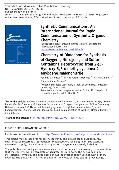 Pdf Cheminform Abstract Chemistry Of Dimedone For Synthesis Of Oxygen Nitrogen And Sulfur