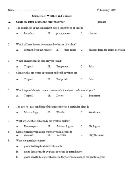 Science Test Weather And Climate Pdf Climate Temperate Climate