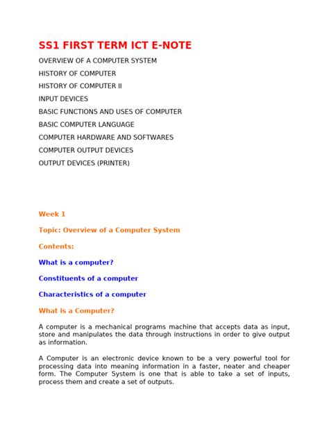 Ss1 E Lesson Note Ict 1st Term Pdf Integrated Circuit Printer Computing