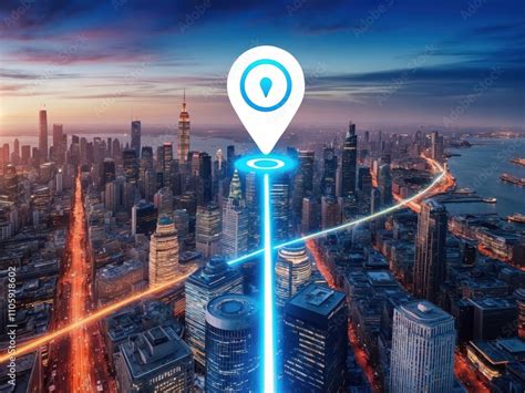 An Augmented Reality Map Marker Appearing Above A Cityscape Showcasing Futuristic Navigation