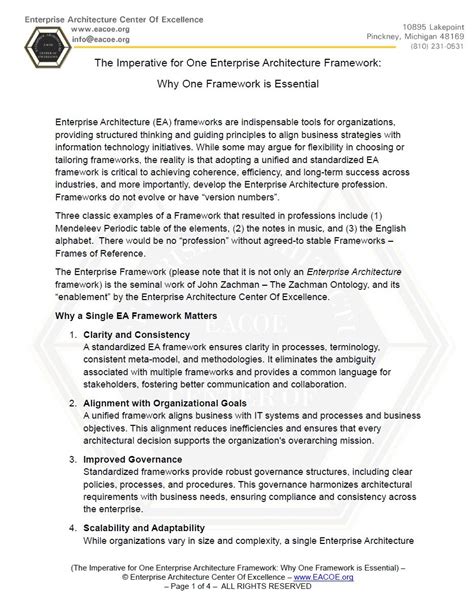 The Imperative For One Enterprise Architecture Framework Why One