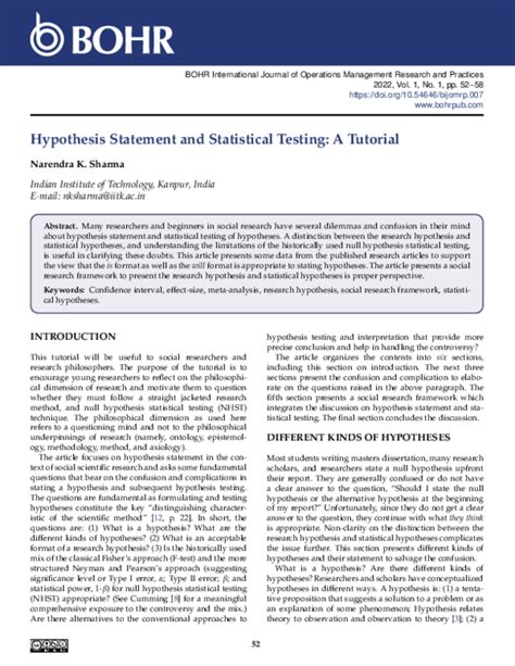 Pdf Hypothesis Statement And Statistical Testing A Tutorial