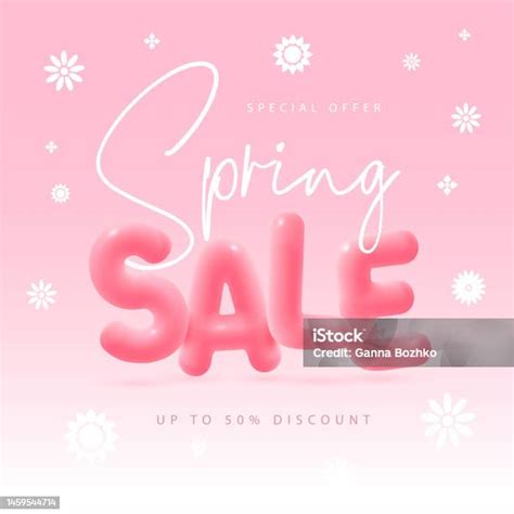 봄 큰 판매 타이포그래피 포스터는 분홍색 배경에 간단한 흰색 꽃과 3d 텍스트가 있습니다 벡터 그림 3월에 대한 스톡 벡터 아트 및 기타 이미지 Istock