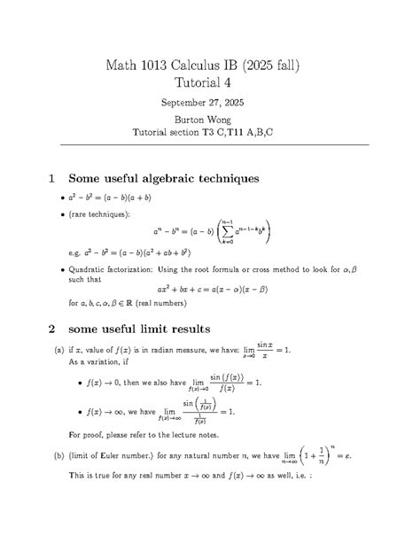 Math 1013 Calculus Ib Tutorial 4 Algebra Techniques And Limits Studocu