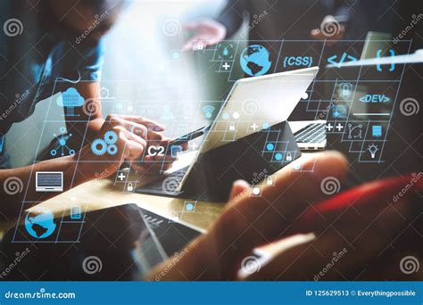 startup programming team website designer working digital table stock