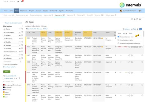 Introduction To The Default Table View For Tasks Intervals Help Documentation