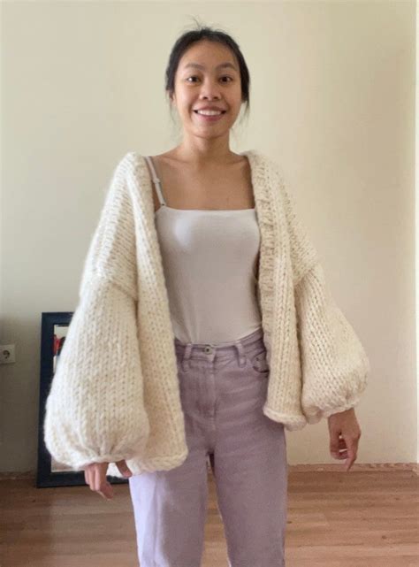 Hand Knit Chunky Wool Cardigan Oversized Balloon Sleeve Sweater Etsy