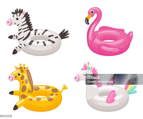 만화 수영 반지 얼룩말 플라밍고 기린 및 유니콘과 같은 다양한 모양의 고무 팽창식 장난감 개체 그룹에 대한 스톡 벡터 아트 및 기타 이미지 Istock