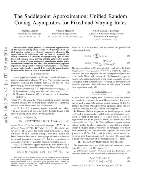 Pdf The Saddlepoint Approximation Unified Random Coding Asymptotics