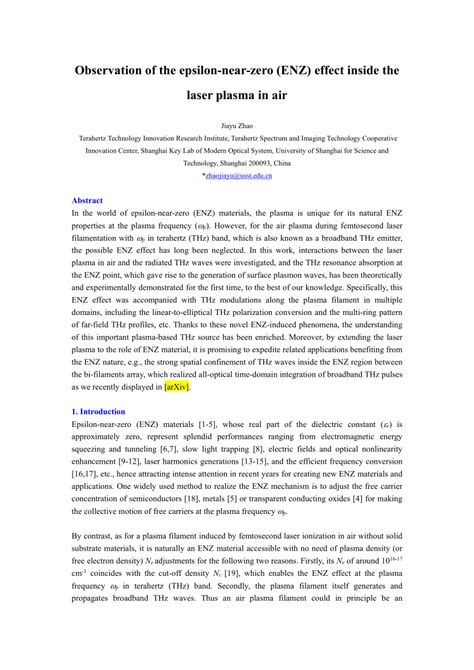 Pdf Observation Of The Epsilon Near Zero Enz Effect Inside The Laser Plasma In Air
