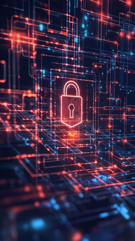A Glowing Red Padlock On An Abstract Digital Network Background Stock Illustration