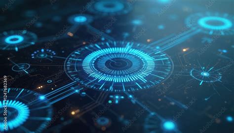 Abstract Tech Design With Glowing Blue Circular Patterns Modern Interface Shows Data Flow