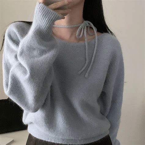 재고 크기 업데이트 한국 세련된 새로운 간단한 교수형 목 스트랩 긴 소매 스웨터 위시버킷