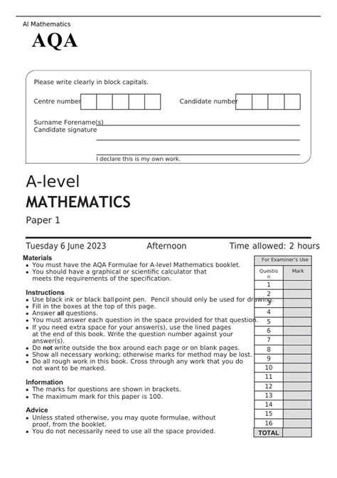 AQA A Level MATHEMATICS Paper And JUNE QUESTION PAPERS AND MARK SCHEMES Stuvia US