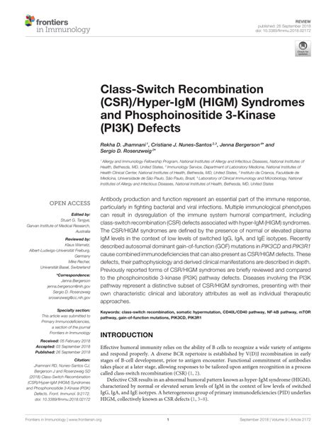 Pdf Class Switch Recombination Csrhyper Igm Higm Syndromes And