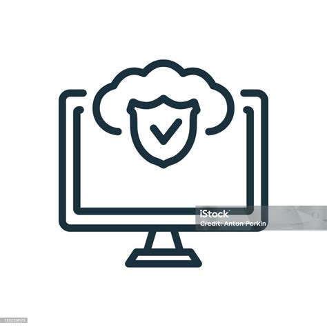클라우드 보호 선 아이콘입니다 안전 클라우드 컴퓨팅 선형 그림 개인 데이터 보호 개념입니다 컴퓨터 및 쉴드 윤곽선 아이콘입니다 편집 가능한 스트로크 격리된 벡터