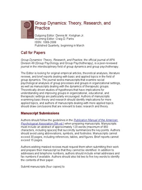 Group Dynamics Theory Research And Practice Call For Papers Pdf Academic Journal