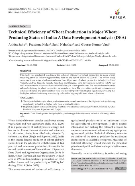 Pdf Technical Efficiency Of Wheat Production In Major Wheat Producing