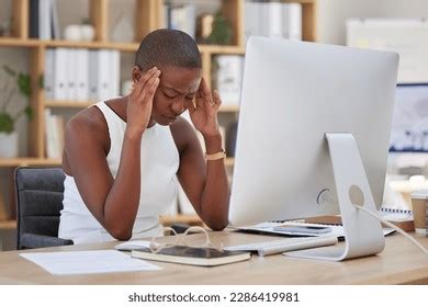 Headache Migraine Pain Woman On Computer Stock Photo Shutterstock