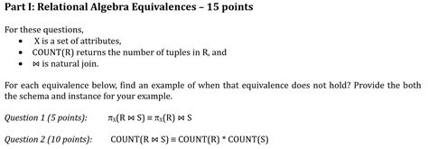 Solved Part I Relational Algebra Equivalences 15 Points