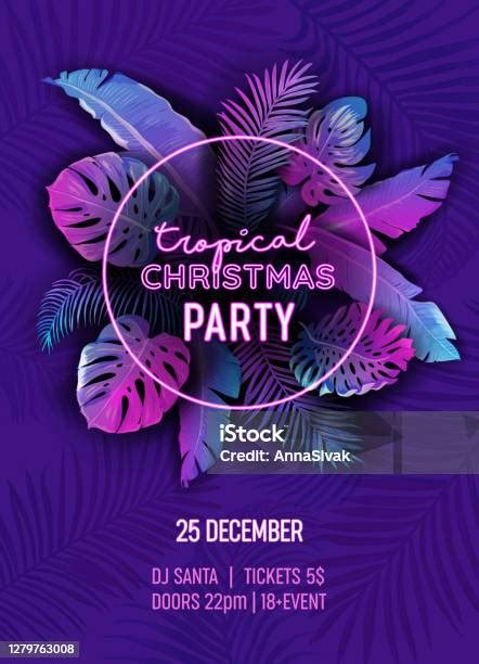 네온 크리스마스 트로픽 파티 포스터 새해 벡터 여름 휴가 전단지 디스코 몬스터 야자 수 잎 디자인 겨울 해변 휴일 활기찬 열대 배경 파라다이스 보라색 템플릿 일러스트 검은