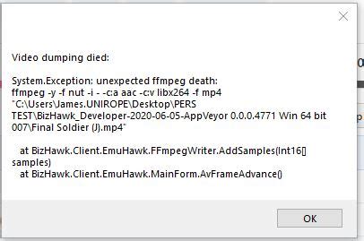 Ffmpeg Crashes Screen Shot Attached Issue TASEmulators BizHawk GitHub