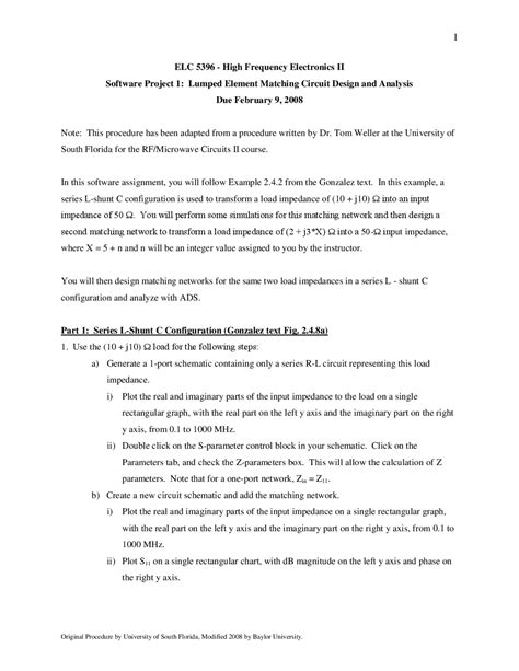 Software Project 1 Lumped Element Matching Circuit Design And Analysis
