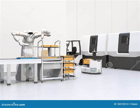 Dual Arm Robot Assembly Motor Coils In Cell Production Space Agv Cnc Machines At Background Dual Arm Robot Assembly Motor Coils In Cell Production Space Agv Cnc Machines At Background