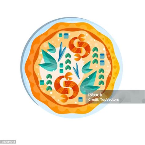 전체 뜨거운 맛 있는 피자 흰색 바탕에 새우와 향신료 벡터 일러스트 레이 션 고기에 대한 스톡 벡터 아트 및 기타 이미지 고기 독일 디자인 Istock