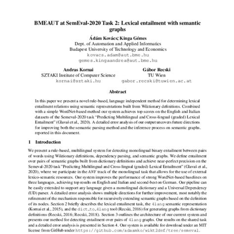 BMEAUT At SemEval 2020 Task 2 Lexical Entailment With Semantic Graphs ACL Anthology
